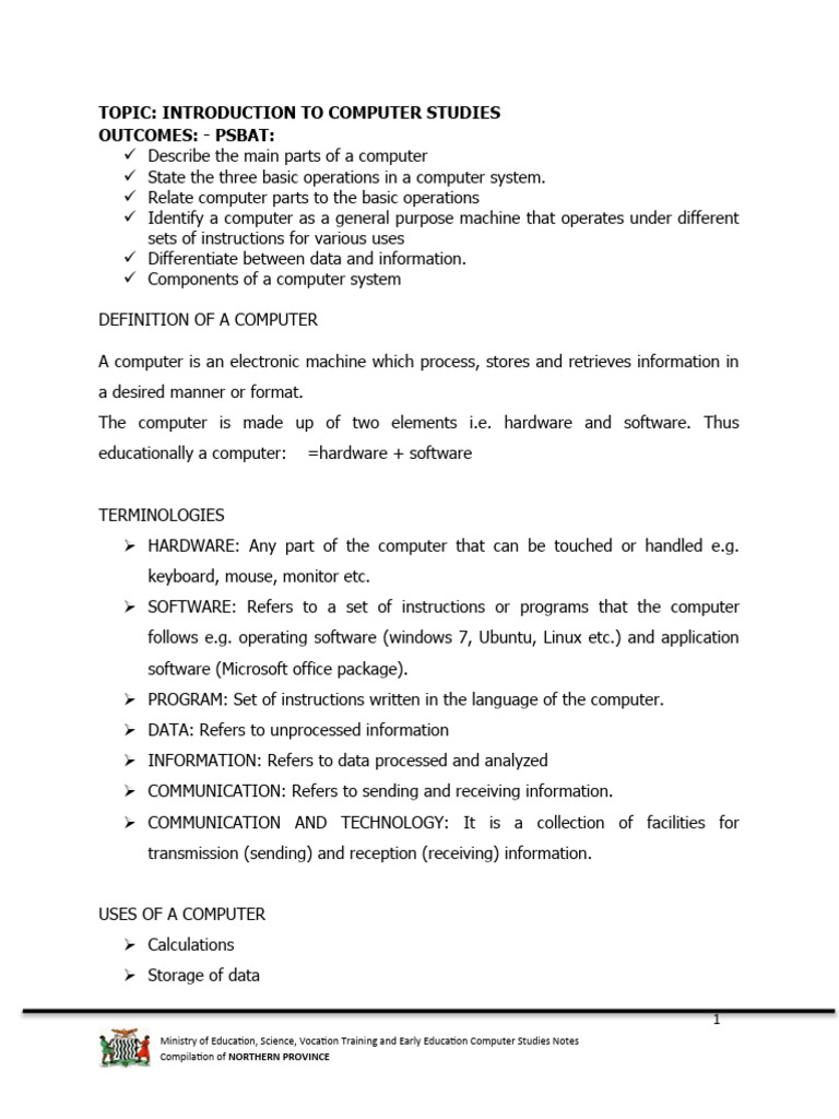 Grade 8 Computer Studies Notes | PDF | Computer Data Storage | Input/Output Grade 8 Computer Studies Notes | PDF | Computer Data Storage | Input/Output