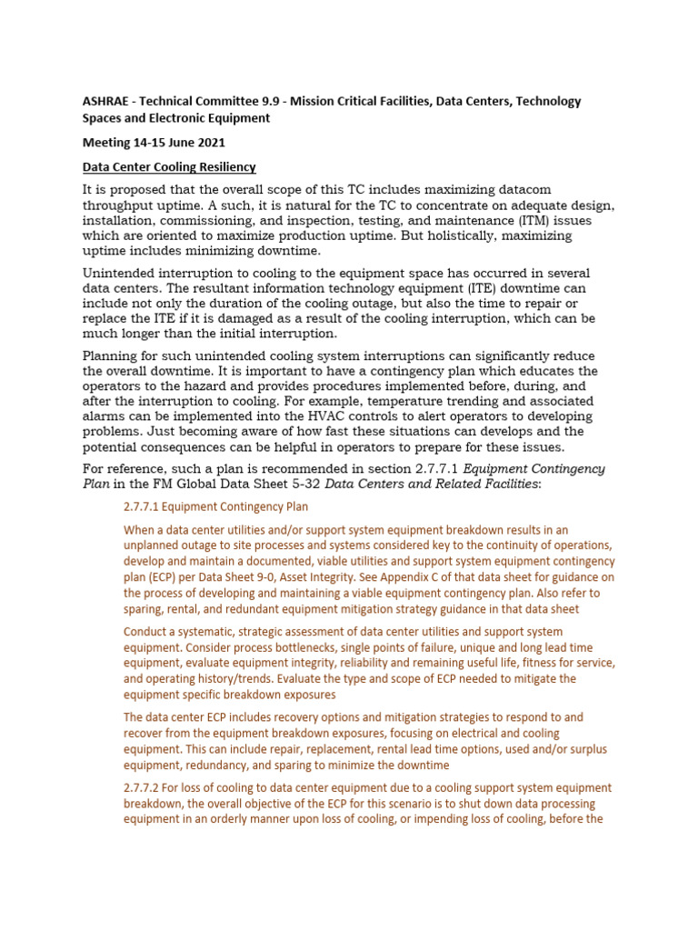 ASHRAE TC0909 Data Center Cooling Resiliency Brief 1.0 | PDF | Data Center | Reliability Engineering