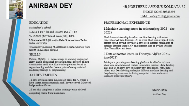 Anirban Dey Resume | PDF | Artificial Intelligence | Intelligence (AI) & Semantics