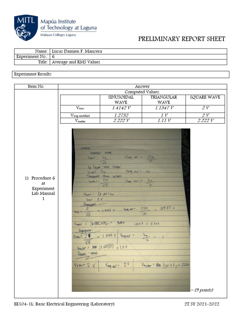 Experiment 6 - Lucas Damien F. Mancera | PDF | Amplitude | Electrical Engineering