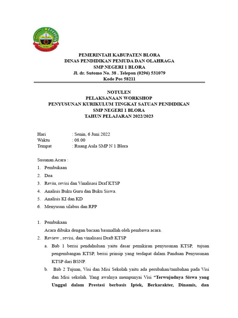 Notulen Workshop Kurikulum SMP 2022 | PDF | Kesehatan Holistik