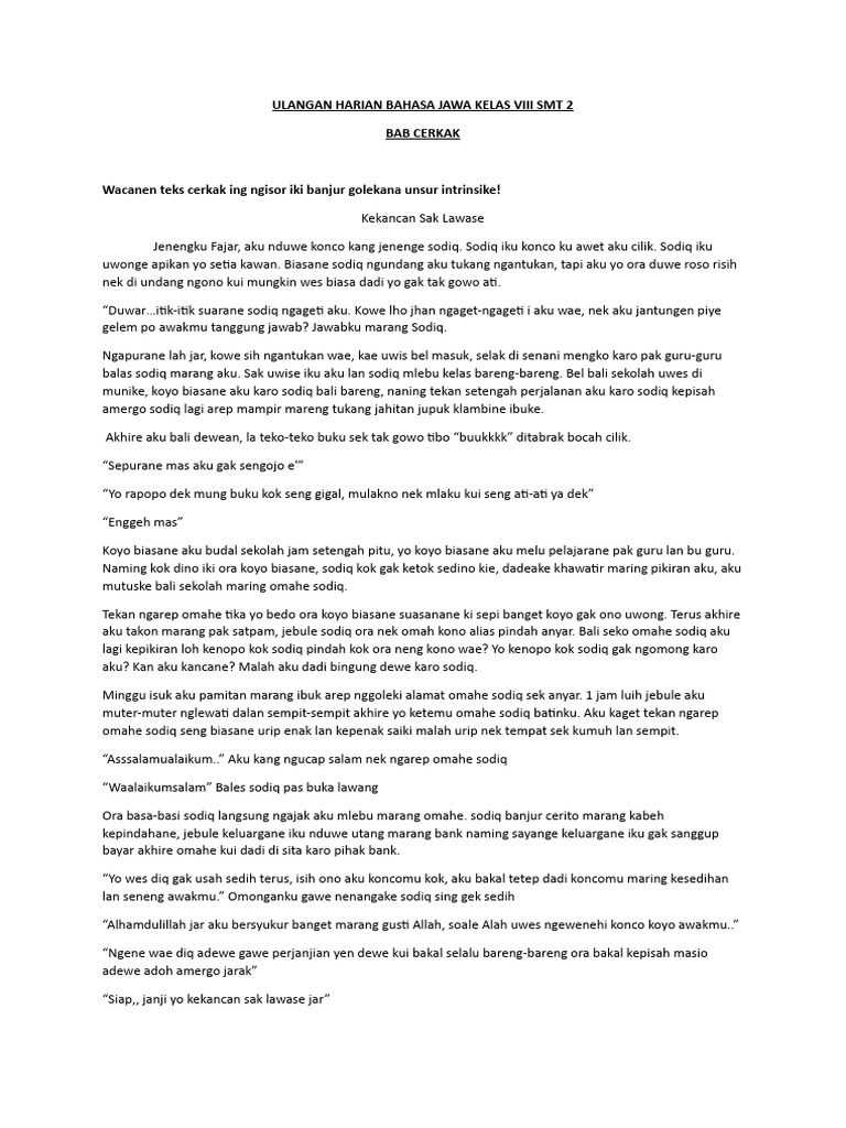 Ulangan Harian Cerkak Kelas Viii | PDF