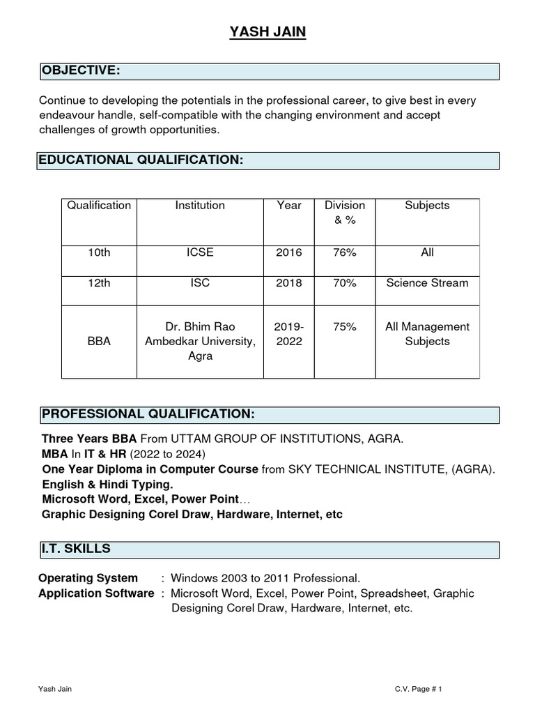 Yash C.V 1 | PDF | Application Software | Microsoft Excel