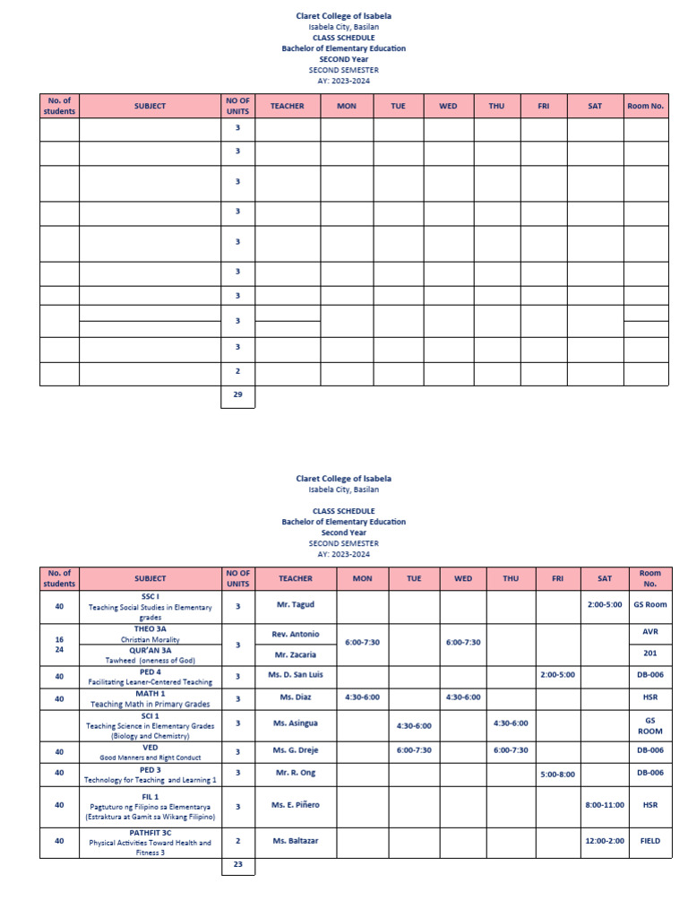CLASS SCHED 2023 2024 2nd SEM | PDF | Teachers