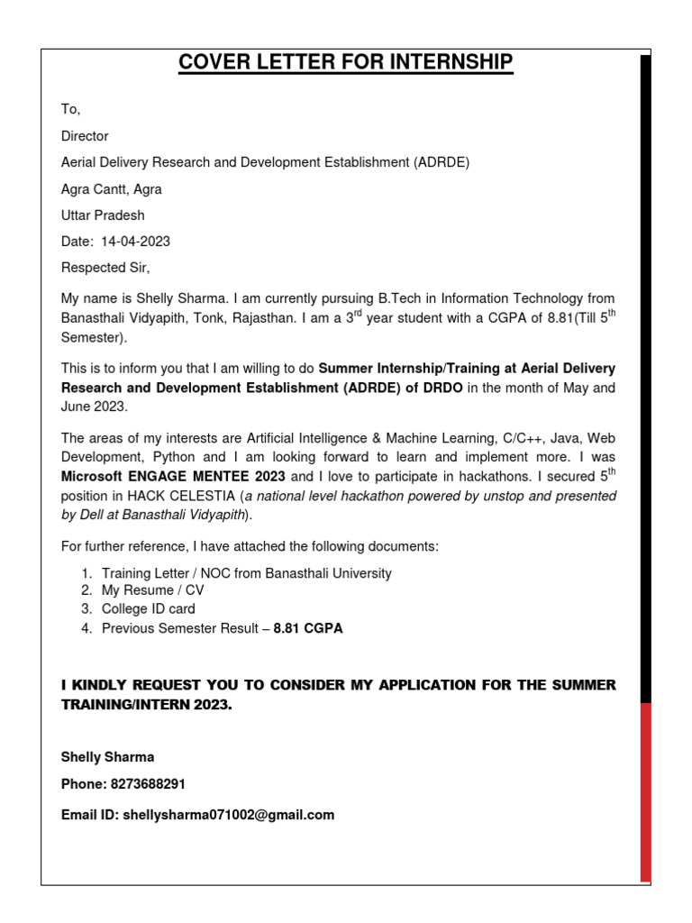 Cover Letter for DRDO Internship 2023 | PDF | Career & Growth | Business