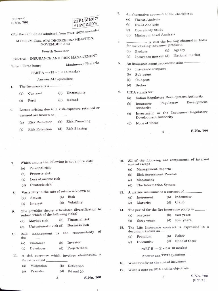 Risk Management Exam Questions Guide | PDF | Insurance | Risk