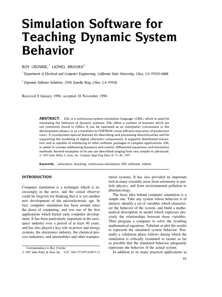 Simulation Software For Teaching Dynamic System Behaviour Pdf Simulation Computer Program