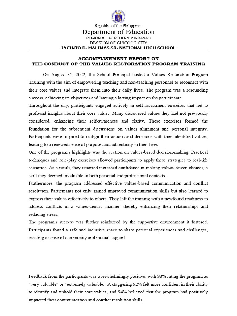 Values Restoration Program Accomplishments | PDF | Behavior ...