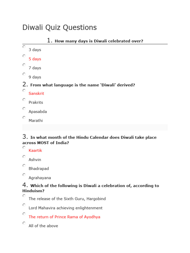 Diwali Quiz Questions | Download Free PDF | Hindu Worship | Indian Religions