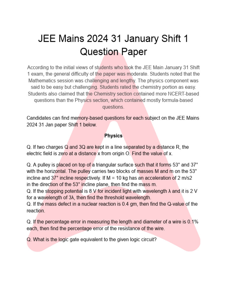 JEE Mains 2024 Question Paper 31 Jan Shift 1 | PDF | Silicon Dioxide ...