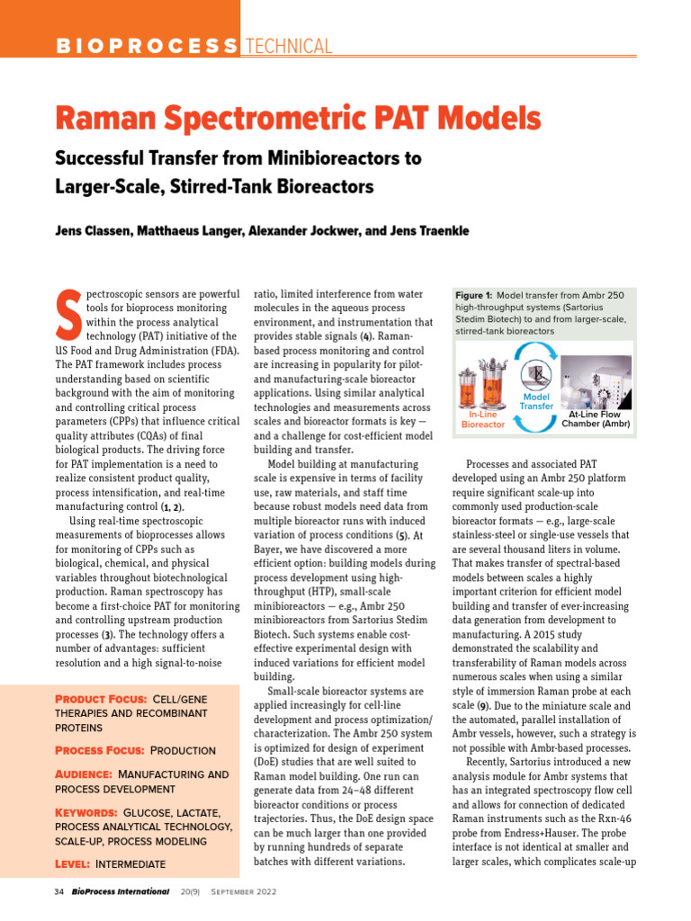 Raman Spectrometric PAT Models Successful Transfer From Minibioreactors To Larger-Scale, Stirred ...