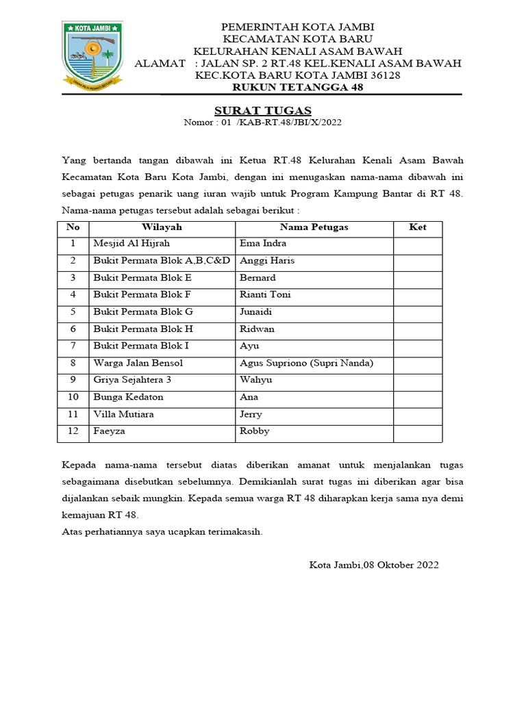 SURAT TUGAS Dari RT | PDF