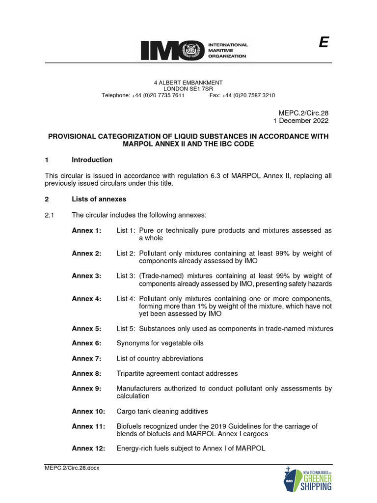 MEPC.2-Circ.28 - Provisional Categorization of Liquid Substances | PDF ...