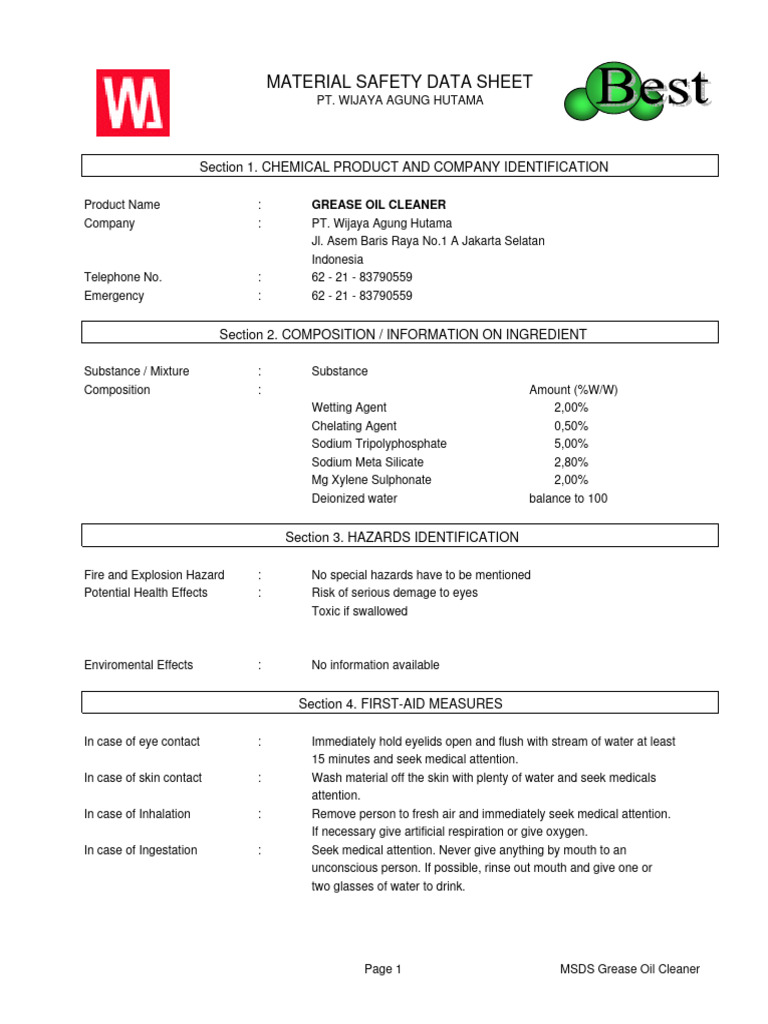 MSDS Grease Oil Cleaner | Download Free PDF | Water | Physical Sciences