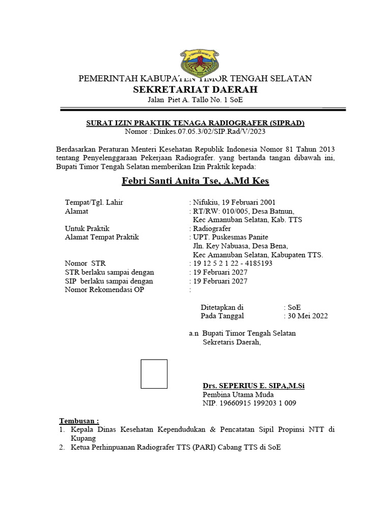 Surat Izin Praktik Radiografer TTS | PDF