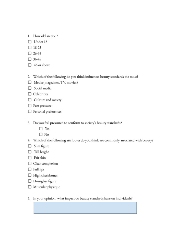 Sample Questionnaire | PDF | Physical Attractiveness | Body Image