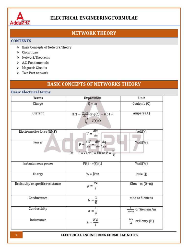 Electrical Formula Notes | PDF | Electrical Network | Electronic ...