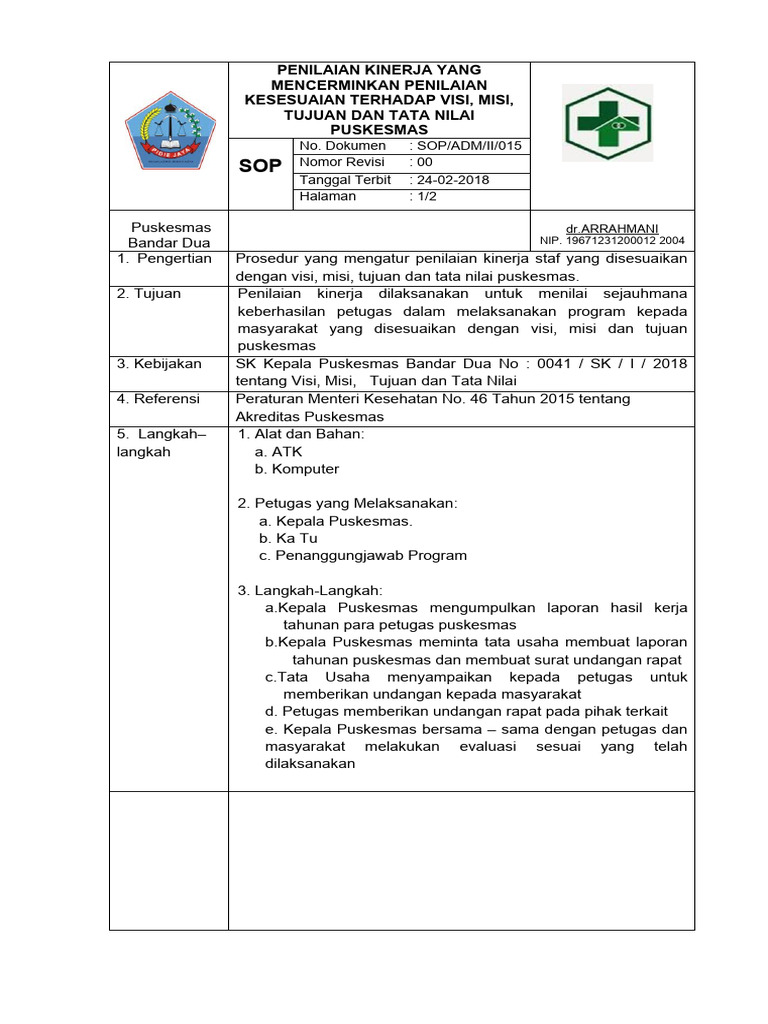 BAB 2.3.6 (4) SOP Penilaian Kinerja Yg Mencerminkan Visi. Misi | PDF