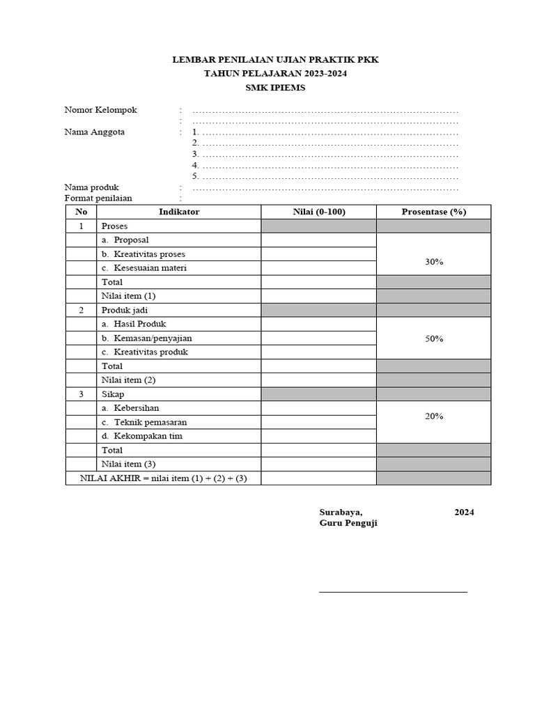Lembar Penilaian Ujian Praktik PKK | PDF