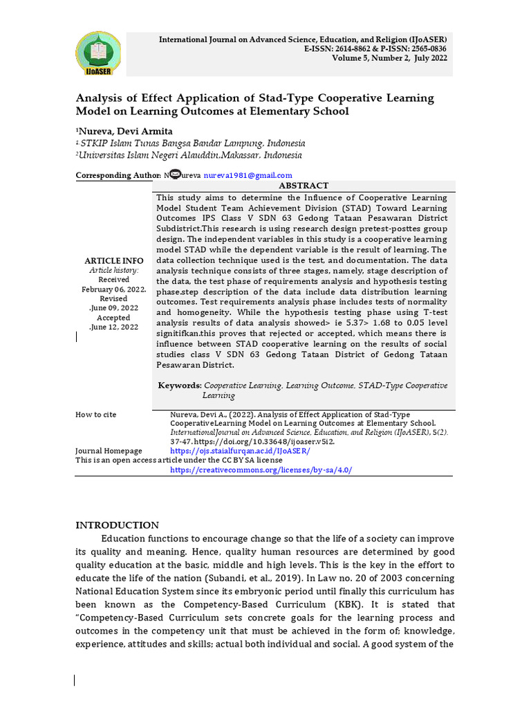 Analysis of Effect Application of Stad-Type Cooperative Learning Model On Learning Outcomes at ...