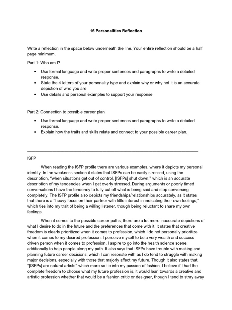 16 Personalities Reflection | PDF | Human Communication | Behavioural ...