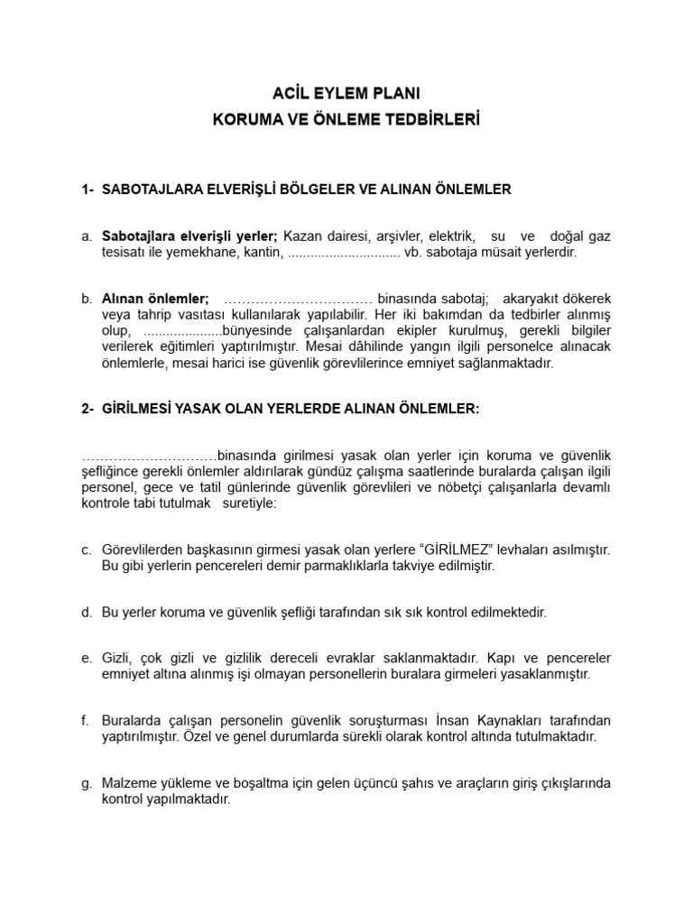 Acil Eylem Planı Korunma Ve Önleme Tedbirleri | PDF