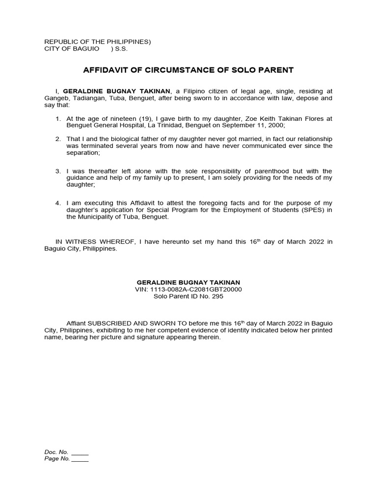 Affidavit Solo Parent | PDF