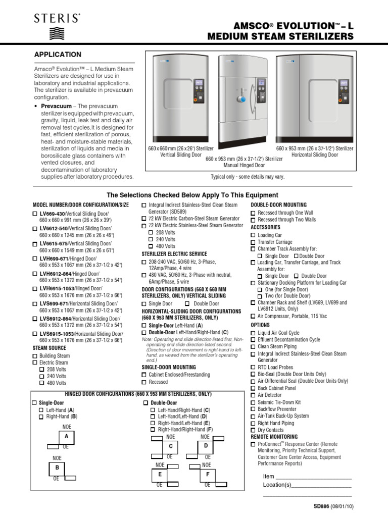 Amsco Evolution L Medium Steam Sterilizers Technical Data Sheet | PDF | Door | Steam