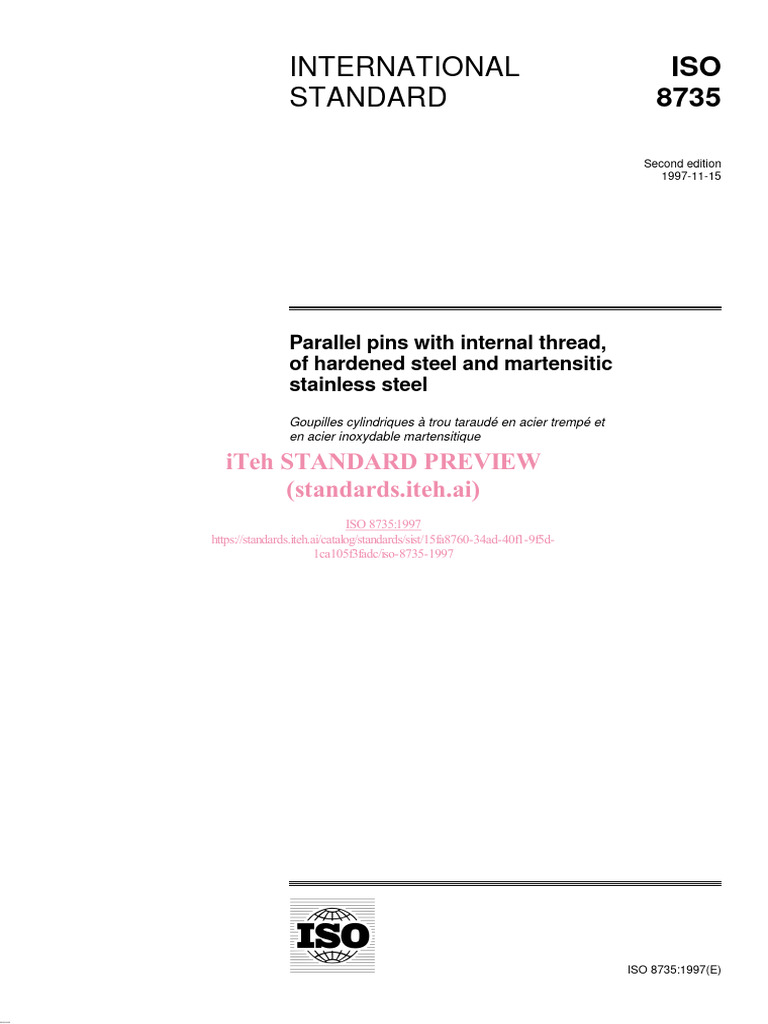 Parallel Pins With Internal Thread - IsO-8735-1997 | PDF | International Organization For ...