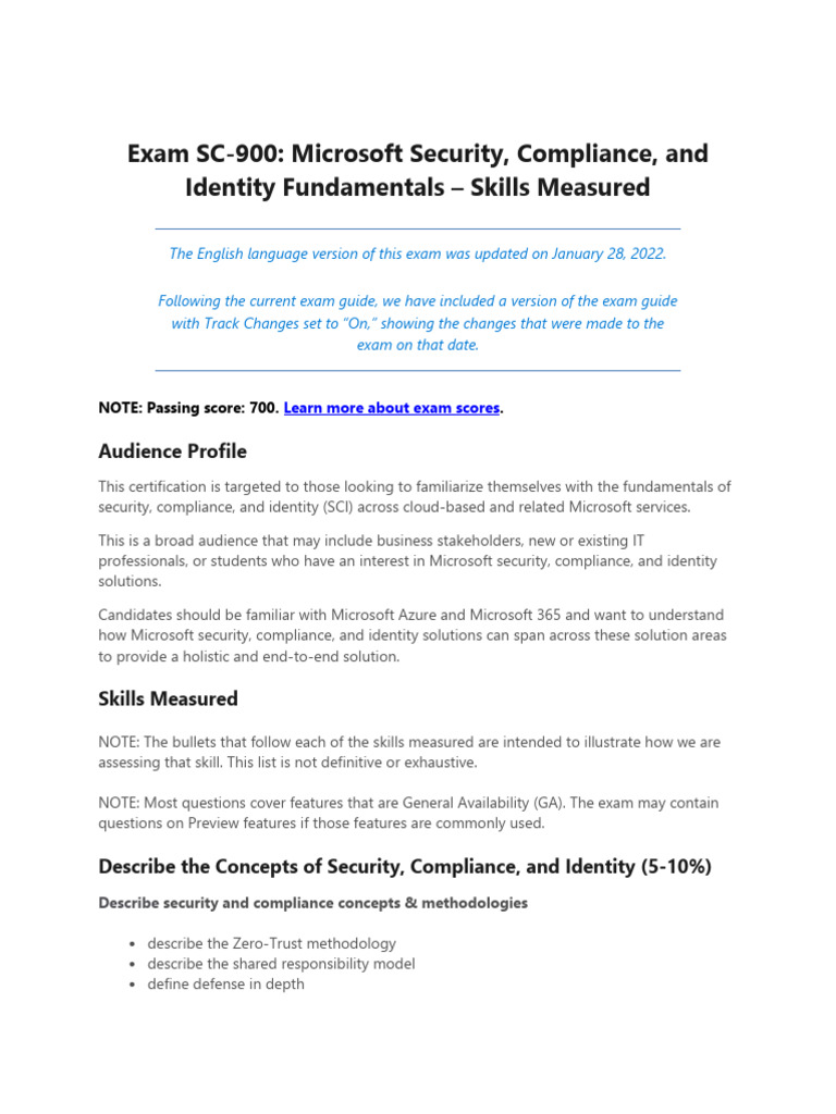 Exam Sc 900 Microsoft Security Compliance And Identity Fundamentals Skills Measured Pdf