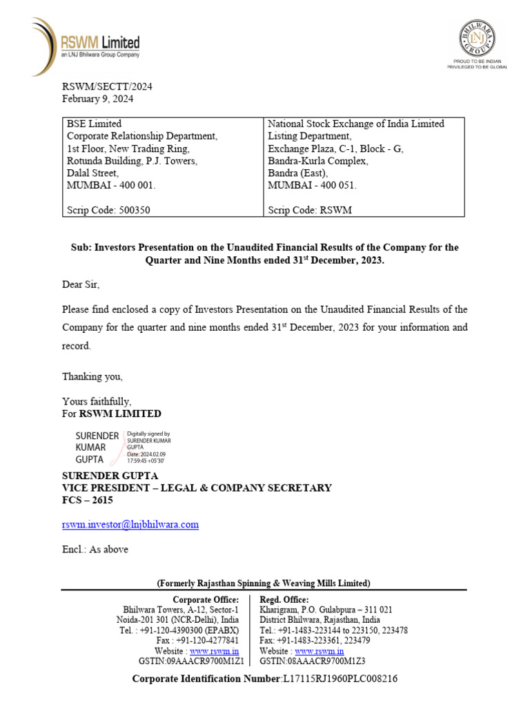 RSWM 3QFY24 Presentation | PDF | Textiles | Spinning (Textiles)