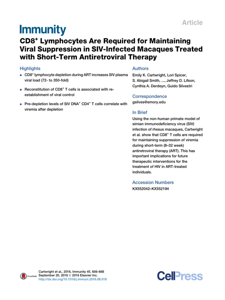 Cartwright Et Al 2016 CD8+ Lymphocytes | PDF | Hiv | Cytotoxic T Cell
