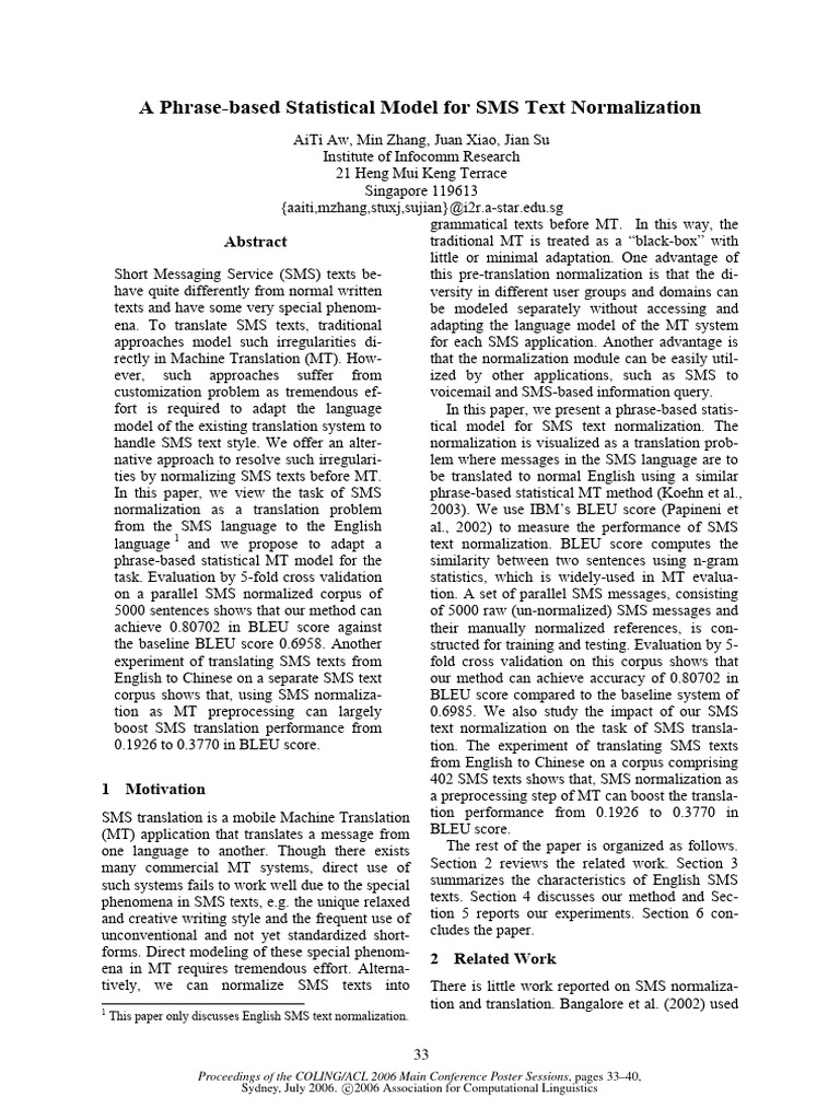 A Phrase-Based Statistical Model For SMS Text Normalization | PDF | English Language | Speech ...