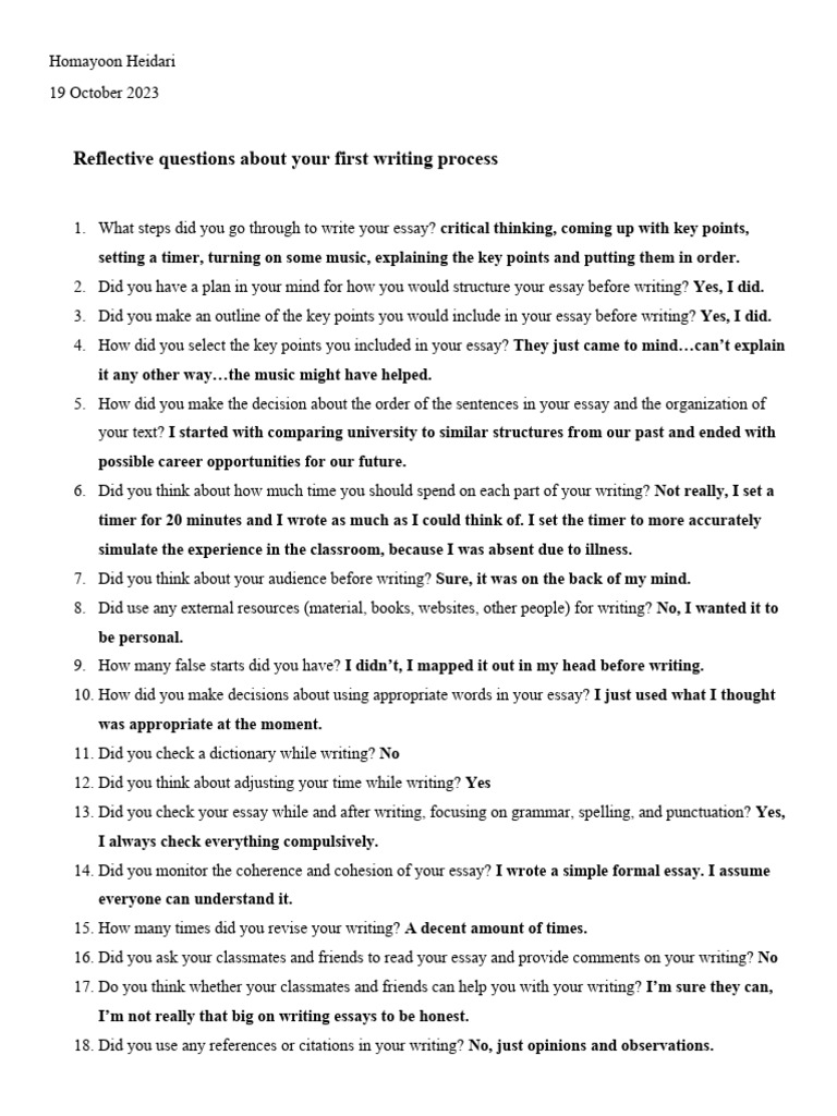 My Reflective Questions | PDF | Experience | Essays