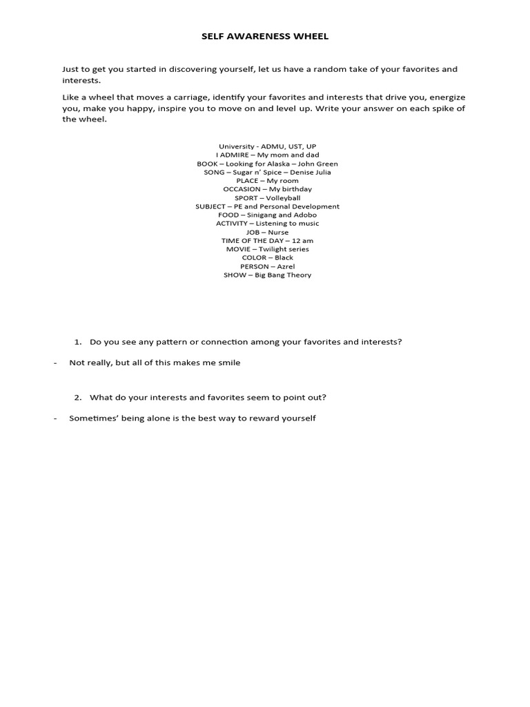 Self Awareness Wheel Exercise | PDF | Self-Improvement