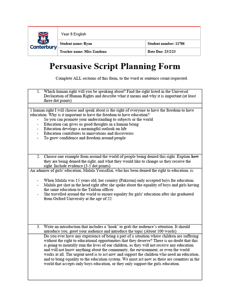 2023 Persuasive Script Planning Form | PDF | Malala Yousafzai