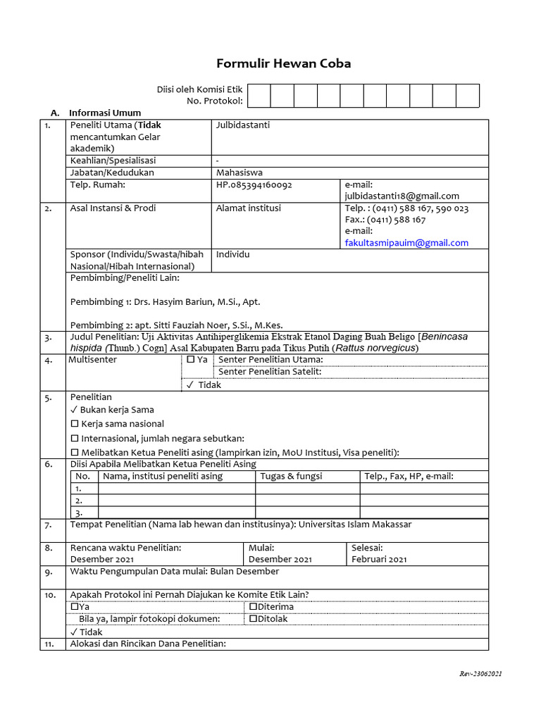 Formulir Etik Uji Hewan STIFA | PDF