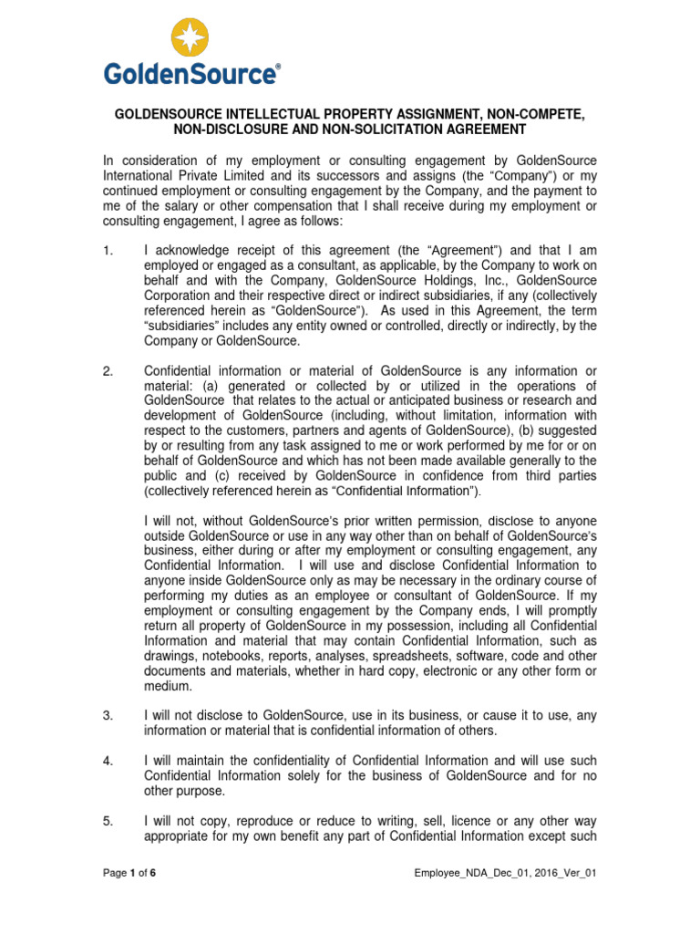 Goldensource Intellectual Property Assignment, Non-Compete, Non ...