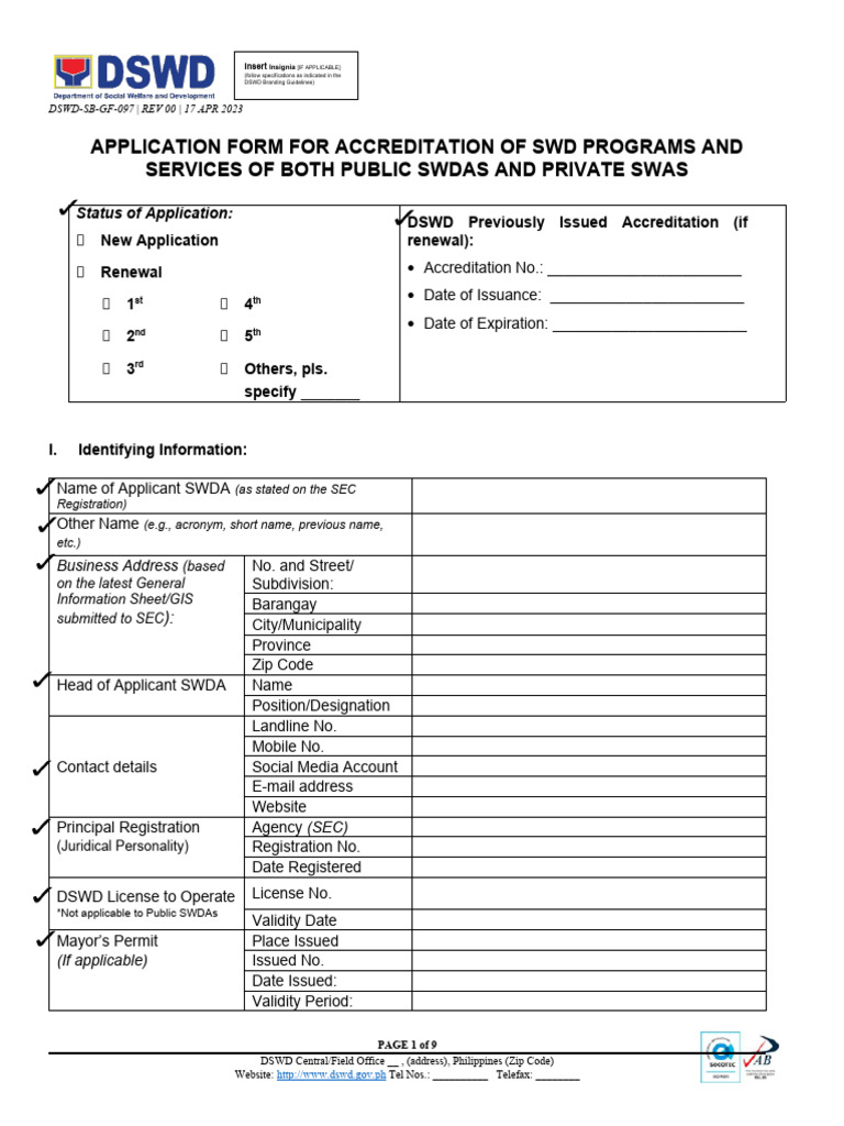 DSWD SB GF 097 - Rev 00 - Application Form For Accreditation of SWD | Download Free PDF | Privacy