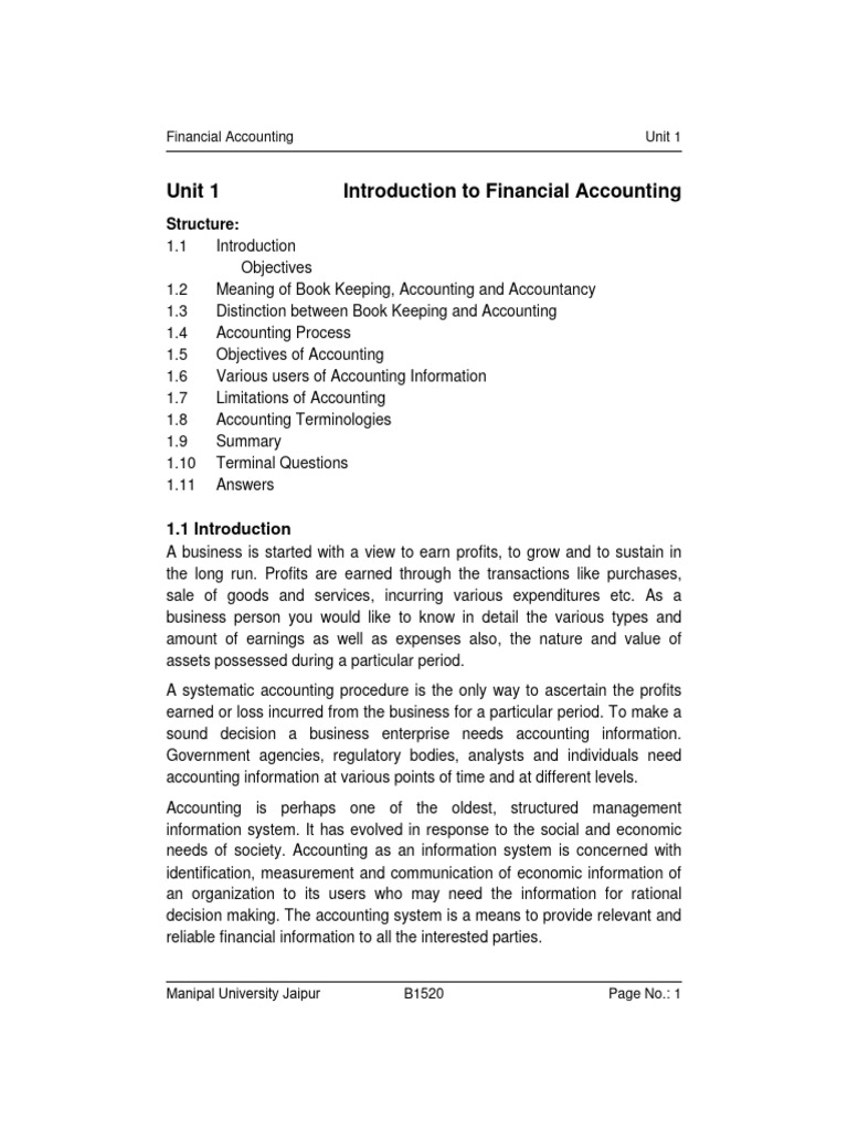 Unit 1-Introduction To Financial Accounting | PDF | Debits And Credits | Bookkeeping