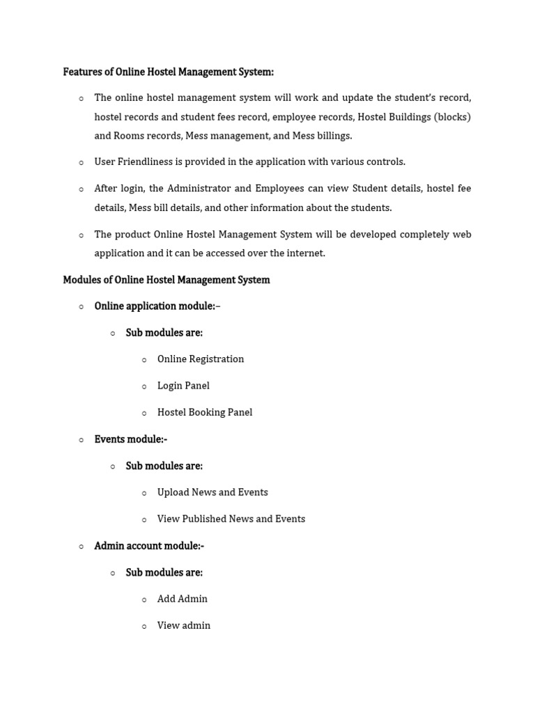 Features Of Online Hostel Management System Download Free Pdf Php Ajax Programming