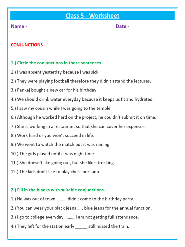 CONJUNCTIONS Class 5 Worksheet Net Explanations | PDF