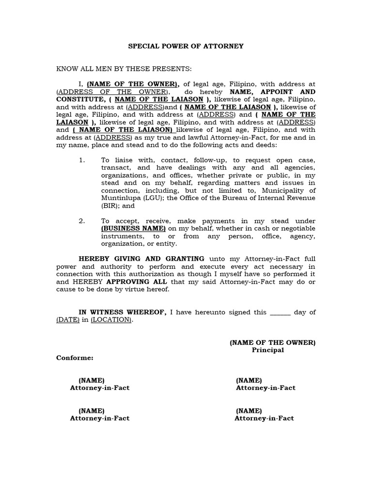 Spa Format | PDF | Power Of Attorney | Government