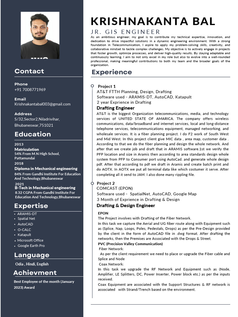 RESUME Krishnakanta Bal | PDF | Telecommunications | Fiber To The X