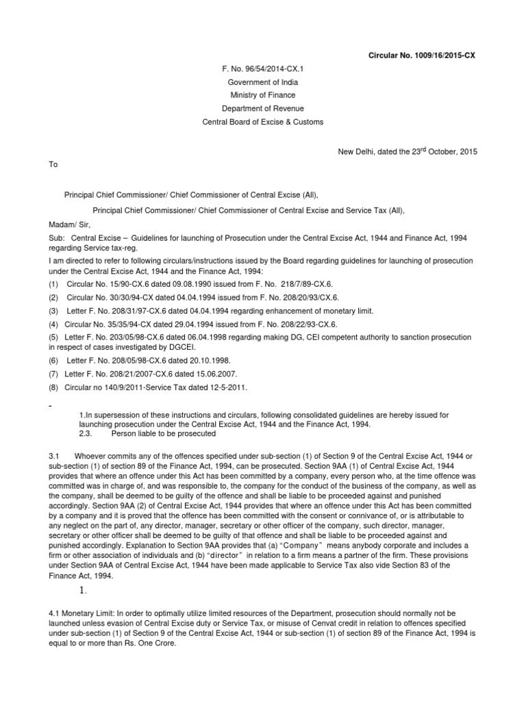 Central Excise Prosecution Guidelines 2015 | PDF | Prosecutor | Mens Rea