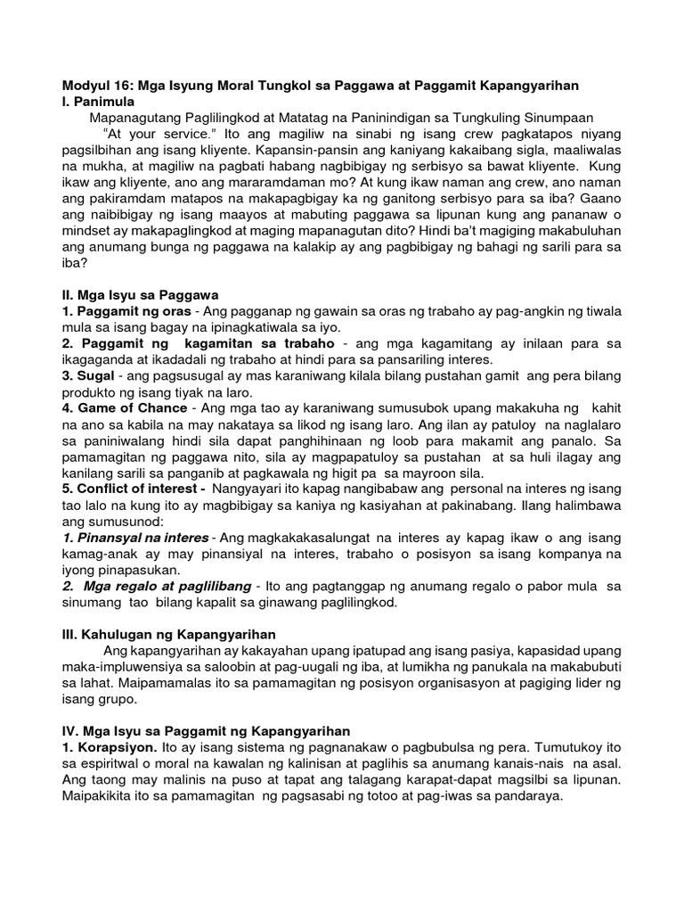 Modyul 16 - Mga Isyung Moral Tungkol Sa Paggawa at Paggamit ...