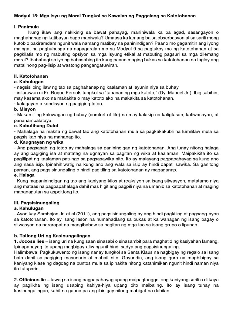Modyul 15 - Mga Isyu NG Moral Tungkol Sa Kawalan NG Paggalang Sa Katotohanan | PDF