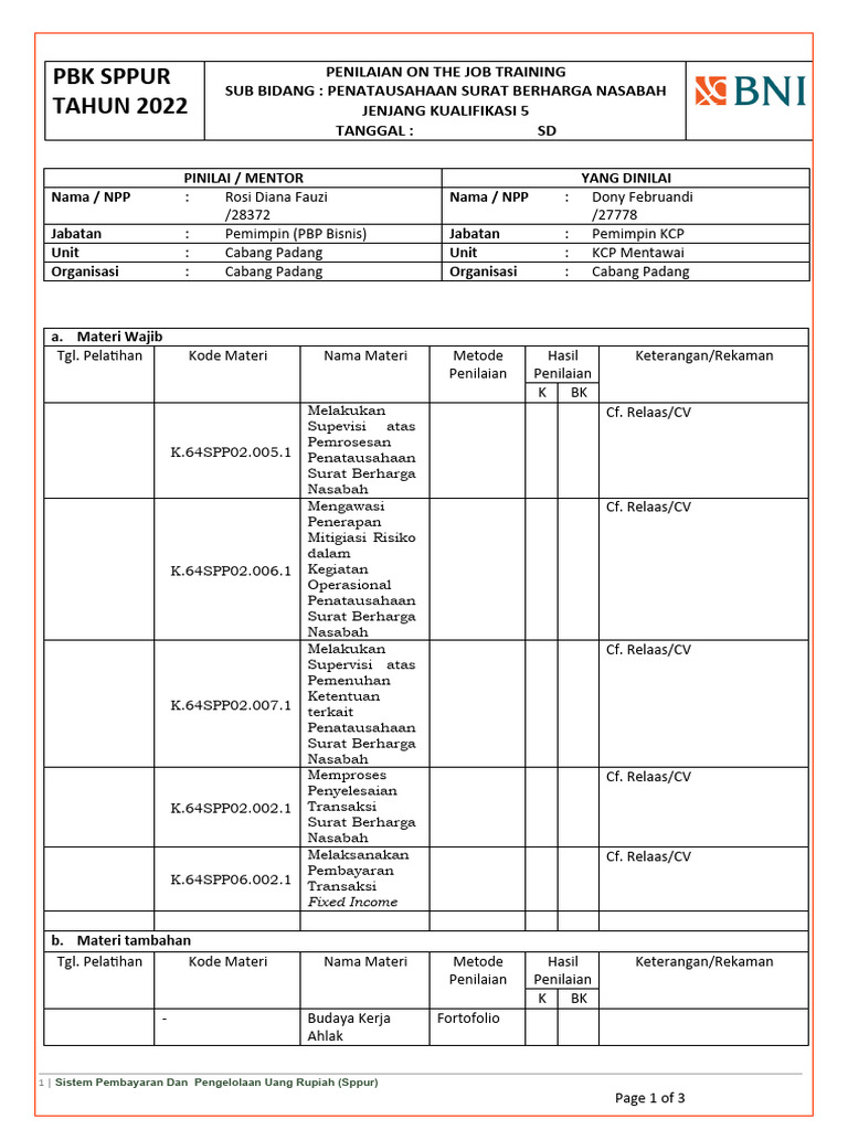 Lampiran 1 RKP Ojt JK 5 SBN-1 | PDF
