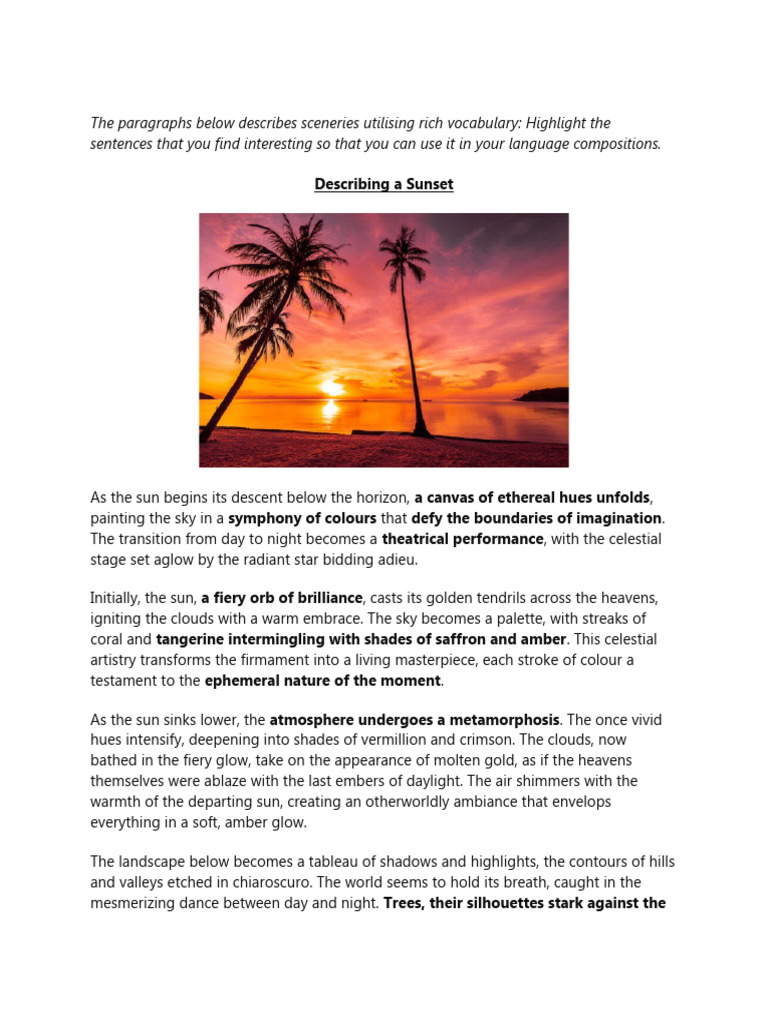 Improving Vocabulary - Describing A Scenary | PDF | Sky | Sunset
