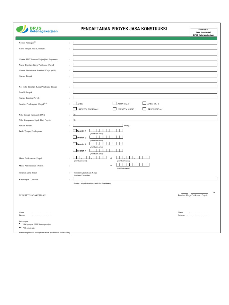 Formulir 1 Jasa Konstruksi BPJS Ketenagakerjaan | PDF